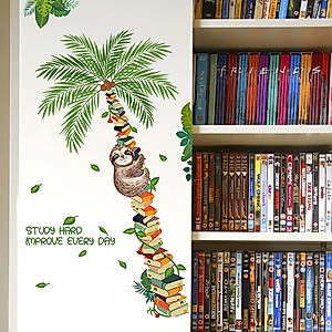 Book Tree Plants Sloth Wall Sticker, Cute Sloth Climbing on The Tree Wall Decal, Removable DIY Vinyl Mural Art Wallpaper Décor for Reading Room Kids Bedroom Nursery Classroom