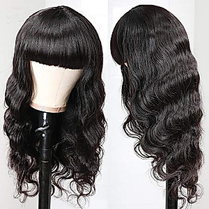 Body Wave Wigs With Bangs Virgin Brazilian None Lace Front Wigs Human Hair Wigs 180% Density Glueless Machine Made Wigs For Black Women (18 inch, body wave)