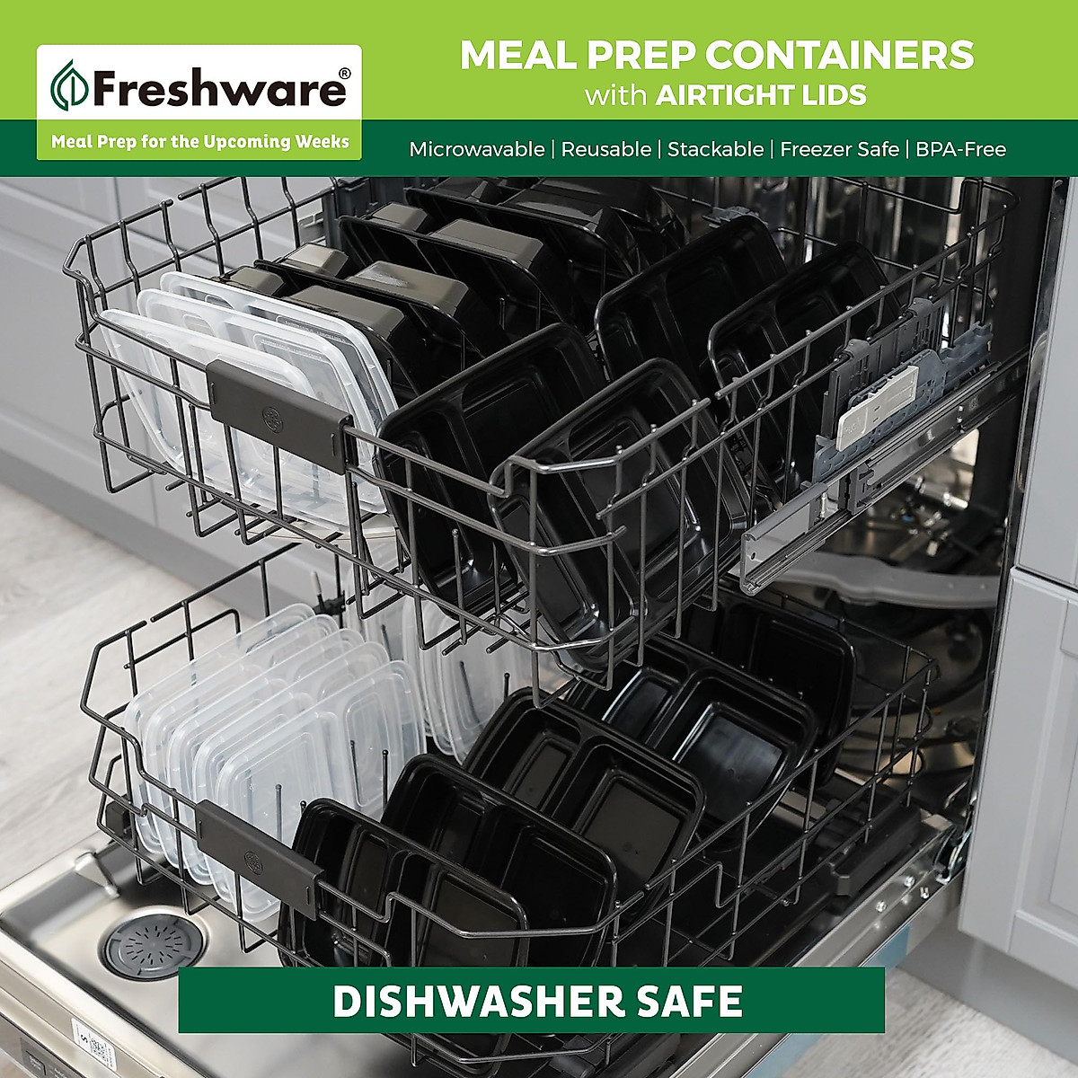 Freshware Meal Prep Containers [15 Pack] 2 Compartment with Lids, Food Storage Containers, Bento Box, BPA Free, Stackable, Microwave/Dishwasher/Freezer Safe (32 oz)