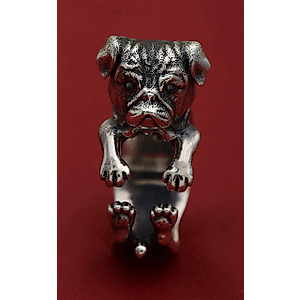 Pug Dog Adjustable Biker Ring With Black Spinel Gemstone 925 Sterling Silver (Silver, 6)