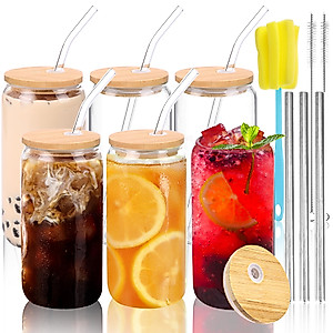 Moretoes Smoothie Cup 6pcs 16oz, Glass Cups with Lids and Straws, Drinking Glasses Set, Cute Tumbler Cup