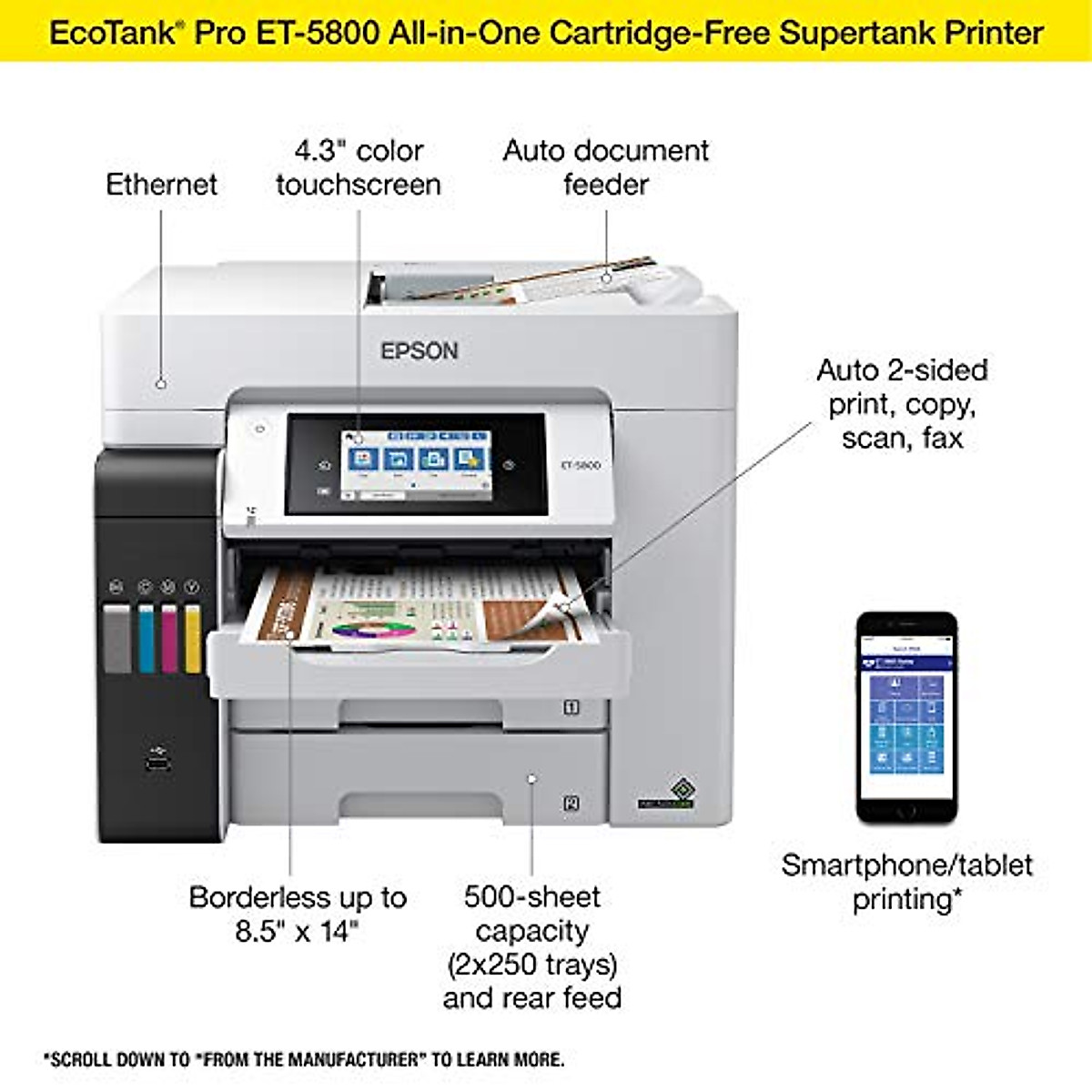 Epson EcoTank Pro ET-5800 Wireless Color All-in-One Supertank Printer with Scanner, Copier, Fax and Ethernet, White
