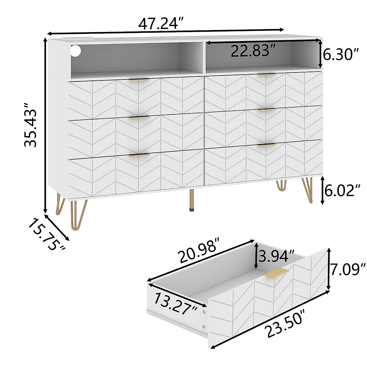 Loomie 6 Drawers Double Dresser with Power Outlet & LED Light,White Long Dresser Chests of Drawers with Storage Cubby,Wood Wide TV Dresser Stand for up to 55" for Bedroom,Hallway,Entryway