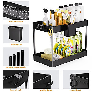 Johamoo 2 Pack Under Sink Organizer, 2-Tier Bathroom Kitchen Organizer and Storage with Support Tubes, Hooks, Hanging Cup, Under Cabinet Basket Organizers for Cleaning Supplies and Toiletries