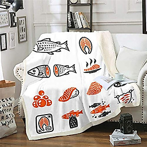 Cartoon Salmon Fish Themed Plush Blanket Cute Ocean Sea Creature Fleece Throw Blanket Sushi Print Sherpa Blanket for Couch Bed Sofa Hipster Japanese Style Fuzzy Blanket Room Decor Twin 60"x80"