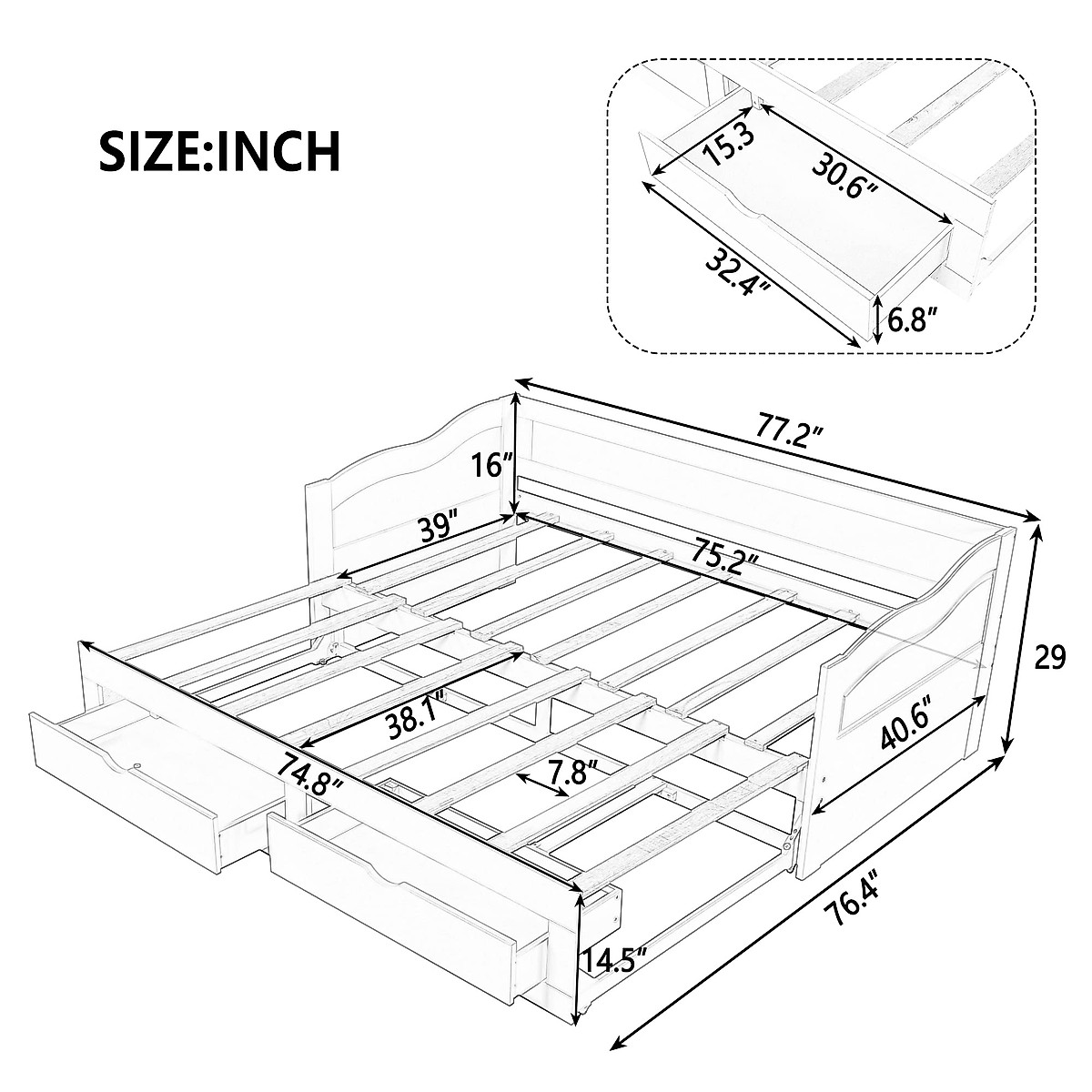 CITYLIGHT Twin to King Daybed with Storage Drawers, Wood Extendable Daybed with Trundle, Kids Sofa Bed Frame for Bedroom Living Room, No Box Spring Needed (Twin to King, Gray)