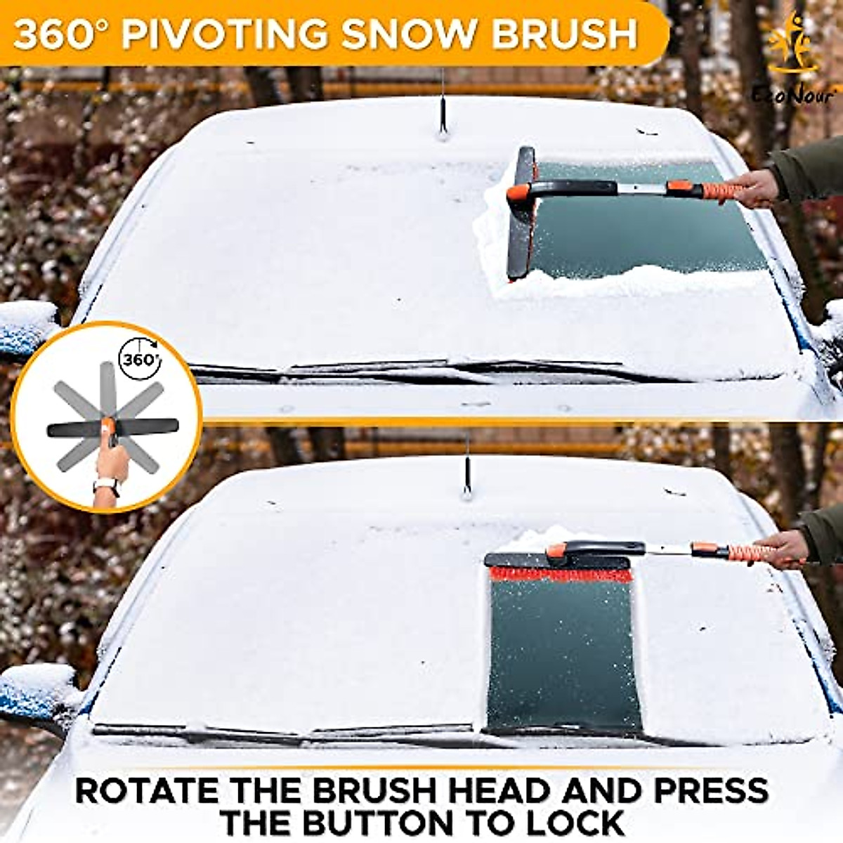 EcoNour 36″ 3 in 1 Extendable Snow Brush and Ice Scraper for Car Windshield | Telescoping 360° Snow Brush Pivoting Head | Window Ice Scraper for Snow Removal for Car, SUV, Truck Winter Car Accessories
