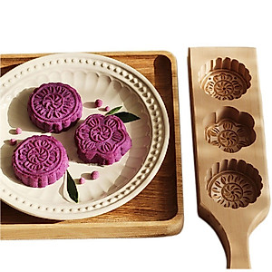 MoonCake Mold Chinese Traditional Mid-autumn Festival Moon Cake Mold 3 Flower Shape Wooden Handmade Baking Mold for Muffin Mooncake Cookie Biscuit Chocolate Pumpkin Pie