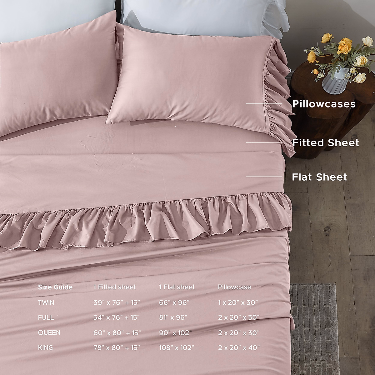 Simple&Opulence 100% Organic Cotton Sheet Set, Long Ruffle Bed Sheets (1 Flat Sheet, 1 Fitted Sheet and 1 Pillowcase) Elegant Shabby Chic Bedding Farmhouse Charming Vintage - Pink, Twin