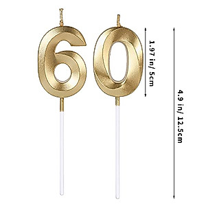 Gold 60th Birthday Candles for Cakes, Number 60 6 Glitter Candle Cake Topper for Party Anniversary Wedding Celebration Decoration