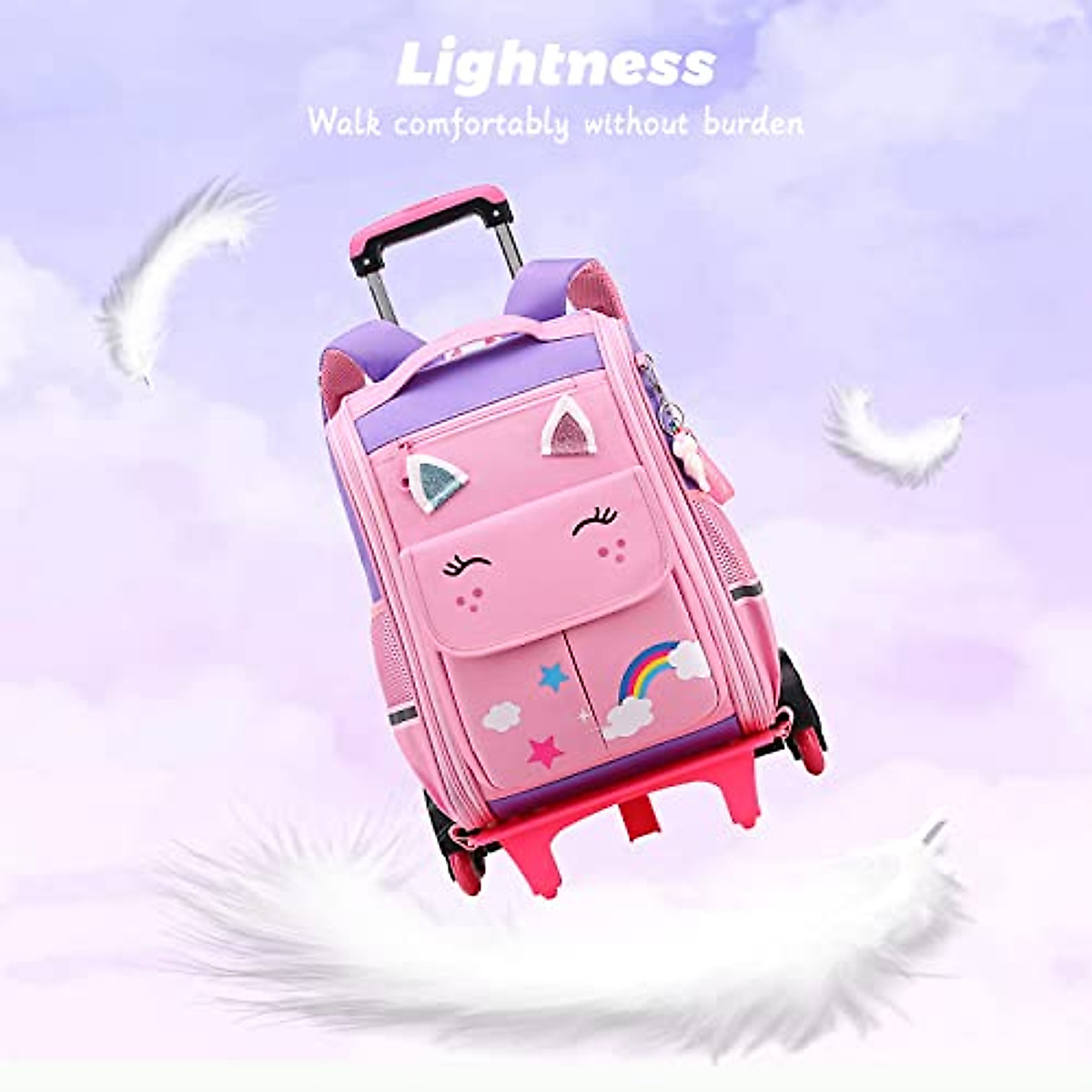 Tanou Girls Rolling Backpack with 6 Wheels, 16 Inch Lightweight Roller Backpacks for Girls Elementary, Carry-on Wheeled Backpack for School Travel, Over 4 Years Old, Pink Purple