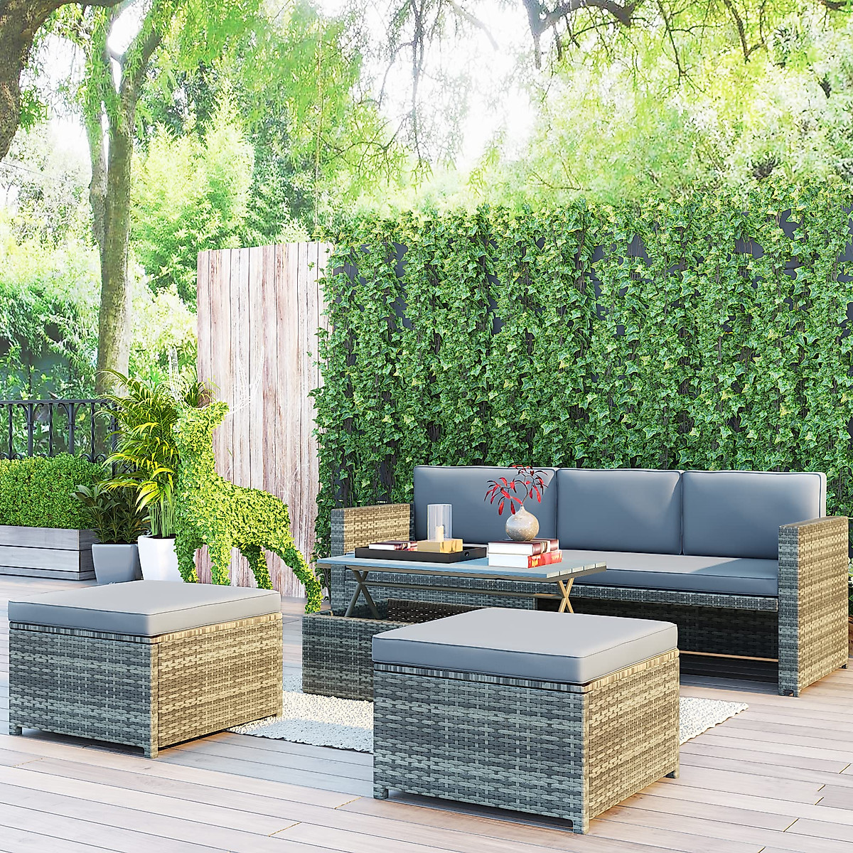 Brabrety 4 Pieces Outdoor Patio Furniture Sets,All-Weather PE Wicker Sectional Sofa Set with Retractable Table,Conversation Set for Backyard, Free Combination