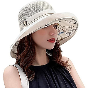 Summer Mesh Sun Hats for Women UV Protection Wide Brim Packable Beach Bucket Hat Beige