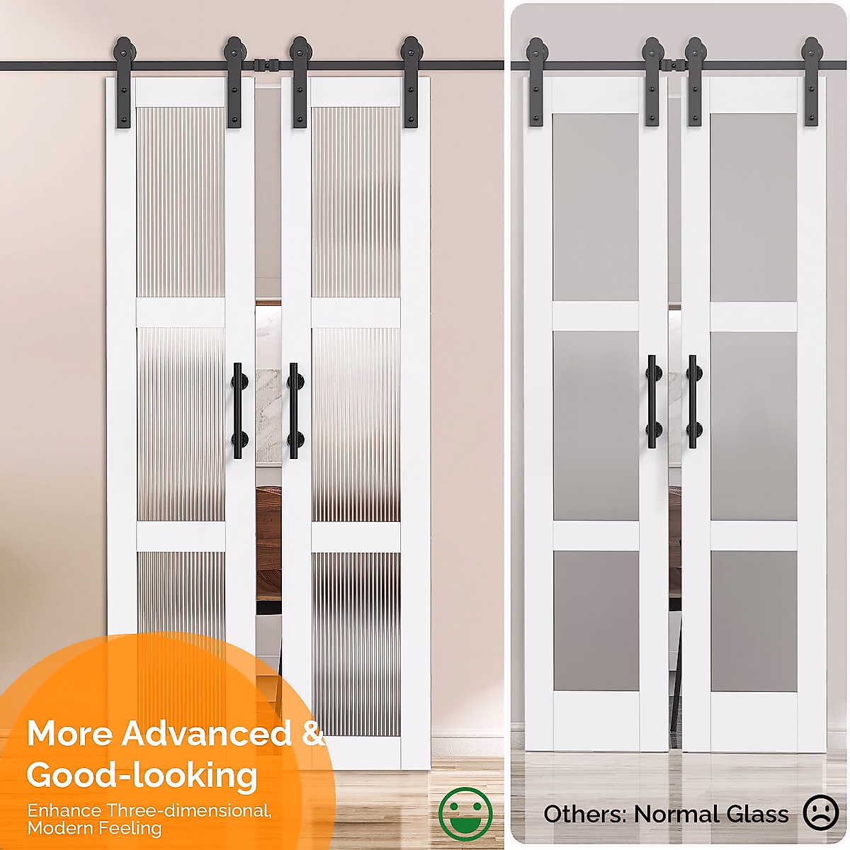 VINGLI 36in x 84in Glass Barn Door with 6.6ft Sliding Barn Door Hardware Kit &Handles, Pre-Drilled Holes Easy Assembly Solid Wood Slab White Sliding Door (Double 18"x84" Doors + 6.6' Track Kit)