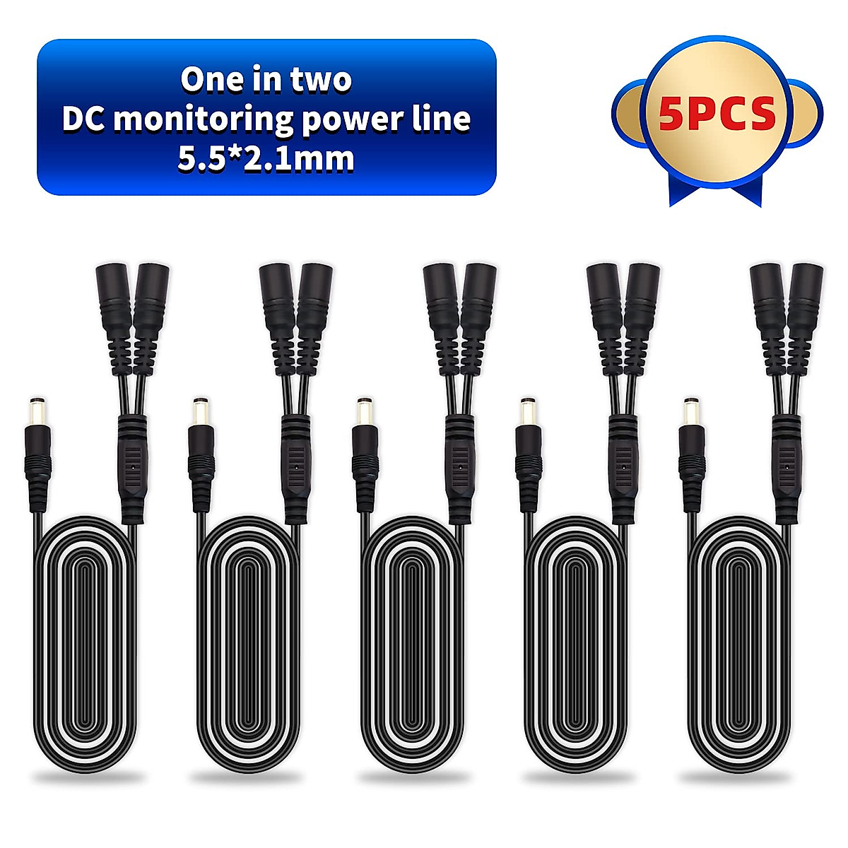 DaFuRui 2.1mm DC Splitter Cable，5Pack 5.5mm x 2.1mm Male to Dual 5.5mm x 2.1mm Female Output Power Splitter Cable Y Adapter Extension Cable for for CCTV Cameras LED Light Strip