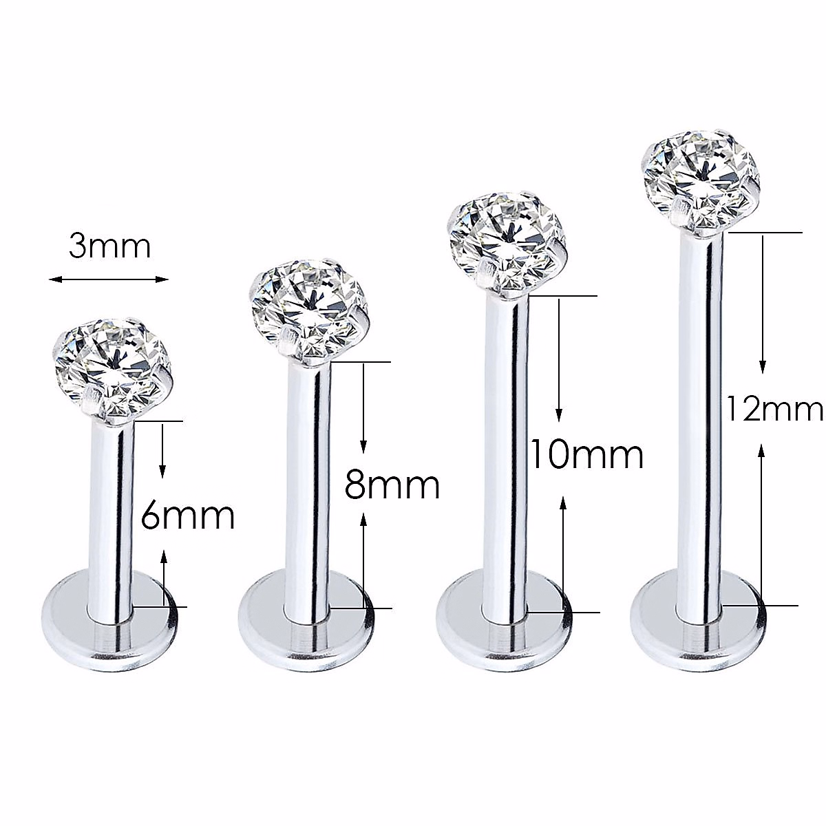 Injoy Jewelry 4 Pairs 16G Stainless Steel 3mm Round Cubic Zircon Lip Studs Labret Monroe Nose Tragus Helix Ear Piercing Jewelry 6-12mm Bar Length