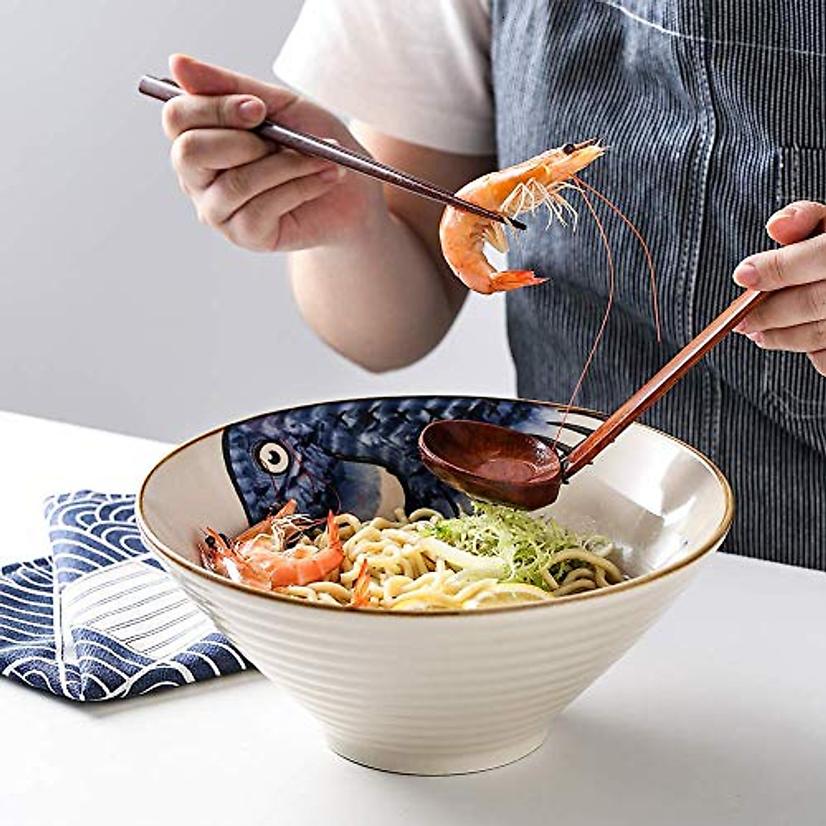 NJCHARMS Ceramic Japanese Ramen Noodle Soup Bowl, 2 Sets (6 Piece) 60 Ounce Ramen Bowls, with Spoons and Chopsticks for Udon, Pho, Asian Noodles, Ramen Noodles Bowl, Blue