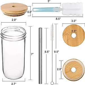 Glass Drinking Jar Gift Set w/Bamboo Lids & Stainless Straws - 7" Tall, Large 24oz in Ball Mason Jar Style. Includes Cleaning Brush. Fun, Reusable, Great for Guests