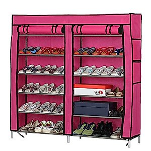 QJing Boot Shoe Rack Storage for Closet, 6 Row 2 Line/Dual Rows 12 Lattices Shoe Rack Organizer, with Non-Woven Fabric Cover,Durable and Stable，Save space,L42.1 x W11.61 x H45.3 (Wine Red)