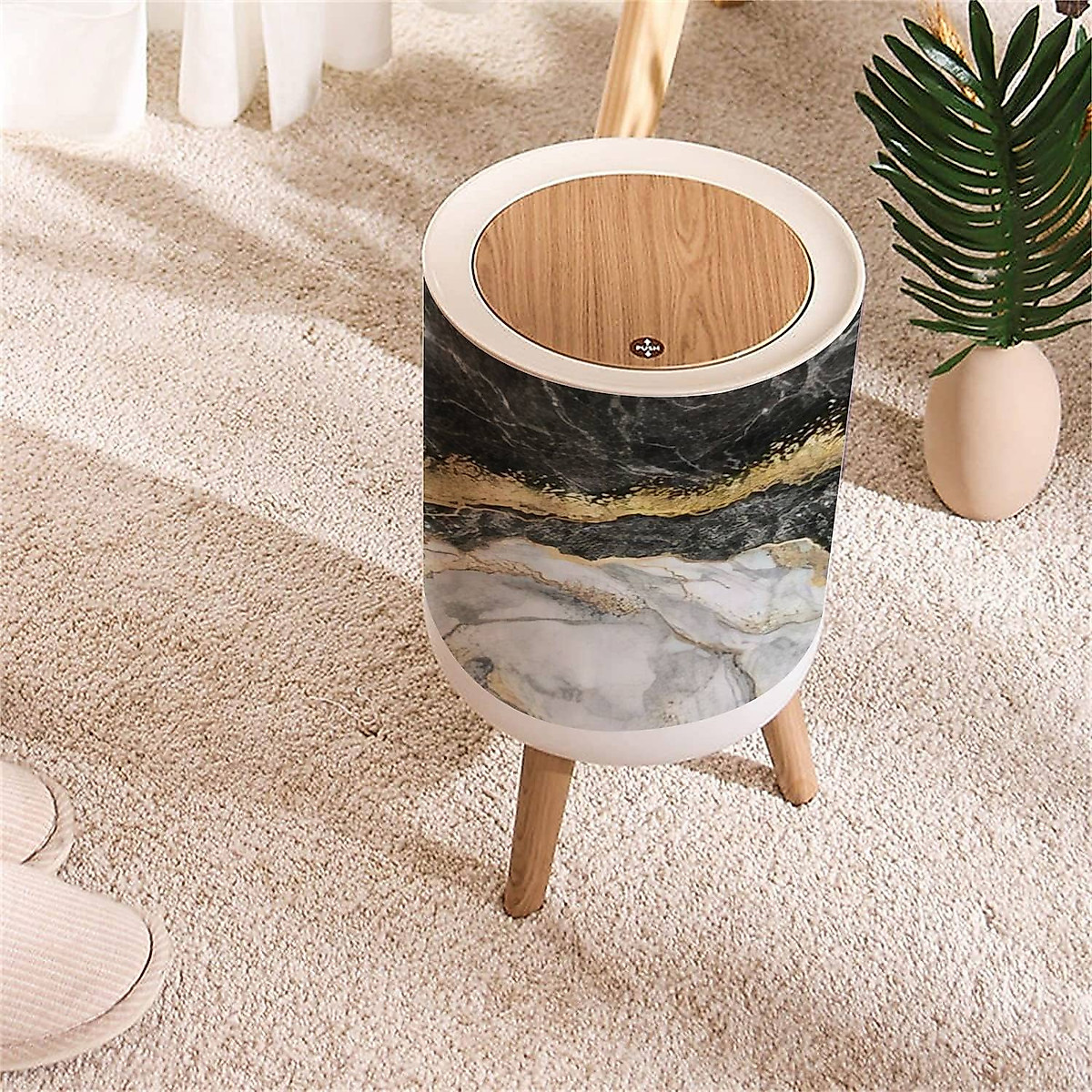 Small Trash Can with Lid abstract creative texture of marble and gold foil decorative marbling Round Recycle Bin Press Top Dog Proof Wastebasket for Kitchen Bathroom Bedroom Office 7L/1.8 Gallon