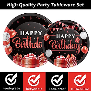 96 Pieces Red and Black Tableware Set Confetti Sprinkles Happy Birthday Party Decorations Table Decors for Men Women Plates Napkins Forks for 24 Guests