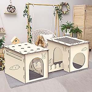 Woiworco Large Rabbit Houses and Hideouts, Wooden Rabbit Castle Bunny Hideout, Rabbit Tunnel Hideout Bunny Playhouse Houses, Spacious Breathable Habitats for Hamsters and Guinea Pigs Hut to Hide