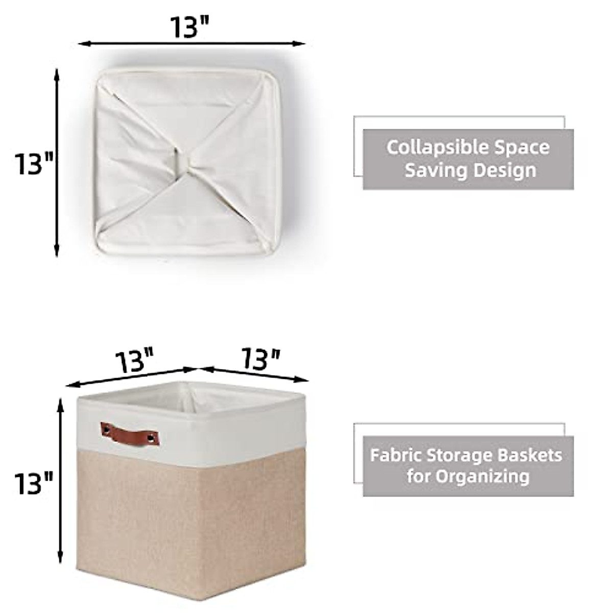HNZIGE Fabric Baskets Storage Cubes Baskets Set(4 Pack) Large Cube Baskets for Shelves,13x13x13 Storage Cube Bins for Storage with Leather Handles for Home, Toys, Clothes, Kids Room, Closet Storage(White&Beige)