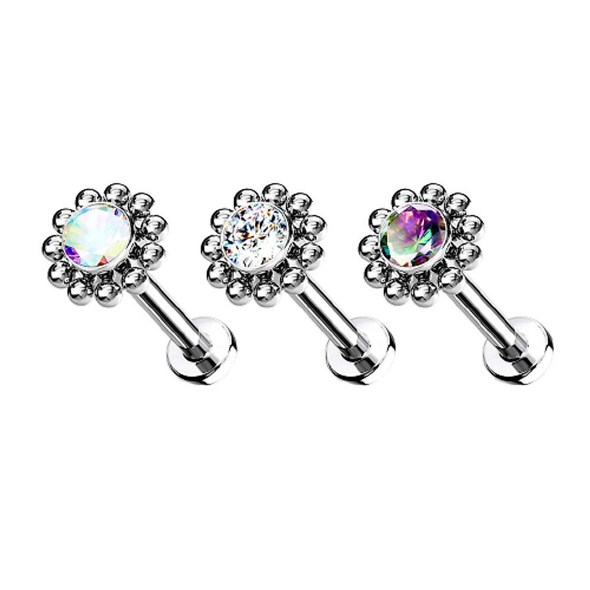 Pierced Owl 16-18G G23 Implant Grade Titanium Threadless Push-in CZ Crystal Center Flower with Beaded Edge Flat Back Lip Cartilage Ear Stud (Clear, 16GA)