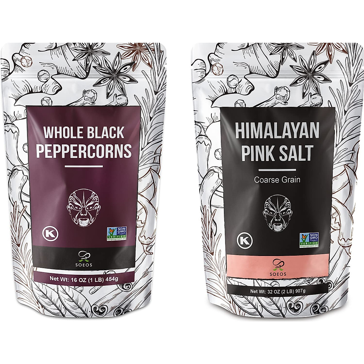 Soeos Whole Black Peppercorns 16oz + Himalayan Pink Salt 2lb, Salt and Pepper for Grinders, Black Peppercorn Refil, Pink Himalayan Sea Salt, 2 Piece Set