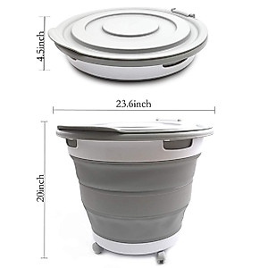 SAMMART 66L(17.4 Gallon) Collapsible Plastic Garbage Bin with Wheels & Removable Lid-Foldable Pop Up Container-Portable Washing Tub-Space Saving Basket,Water Capacity 56L(14.8 Gallon) (1, Grey)