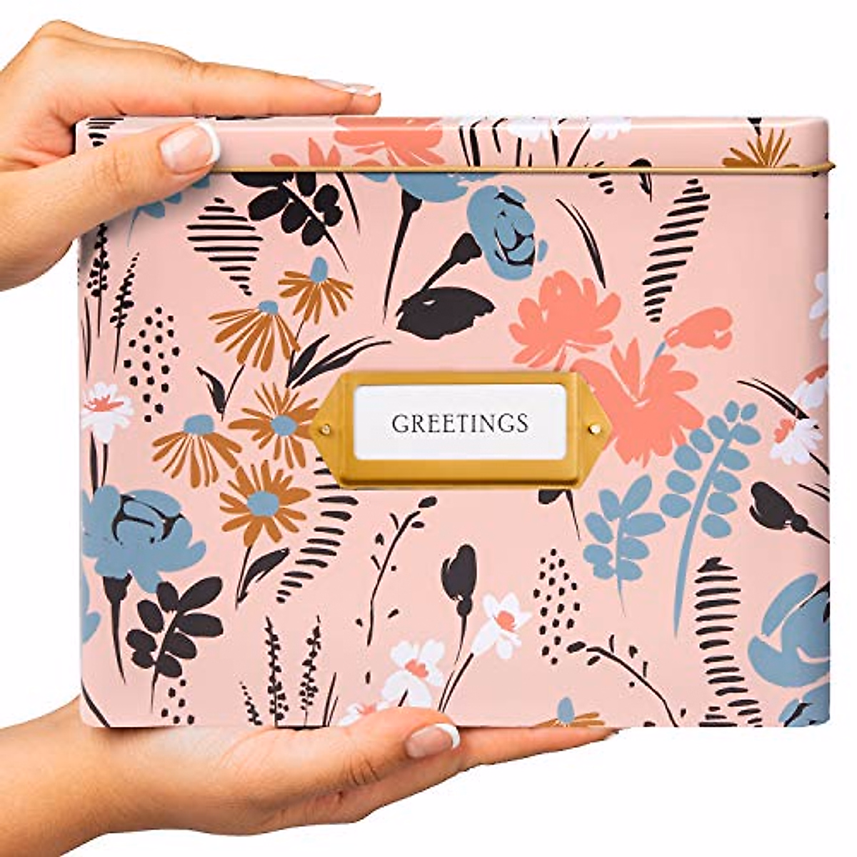 Jot & Mark Greeting Card Organizer Box Set | Decorative Recipe Tin Box, Tab Dividers, Matching Greeting Cards and Envelopes (Meadow)