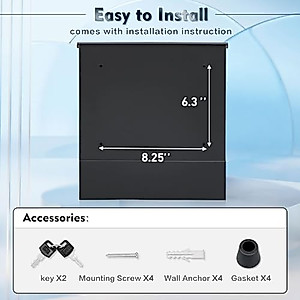 xydled Wall Mounted Mailbox with Lock,Secure Locking Mailbox for Outside, Large Steel Hanging Mailbox Modern Lockable Wall Mailbox for Residential with View Window, 12.8 x 12 x 3.54Inches,Black