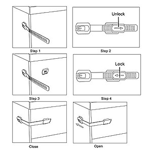12 Pack Baby Proofing Cabinet Strap Locks - Vkania Kids Proof Kit - Child Safety Drawer Cupboard Oven Refrigerator Adhesive Locks - Adjustable Toilets Seat Fridge Latches - No Drilling