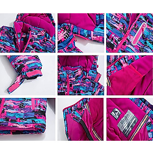 WOWULOVELY Girls Thicken Warm Snowsuit Hooded Ski Jacket Pants 2 Pcs Set Skiing Jacket with Pants(23 Rose1,Size 8)