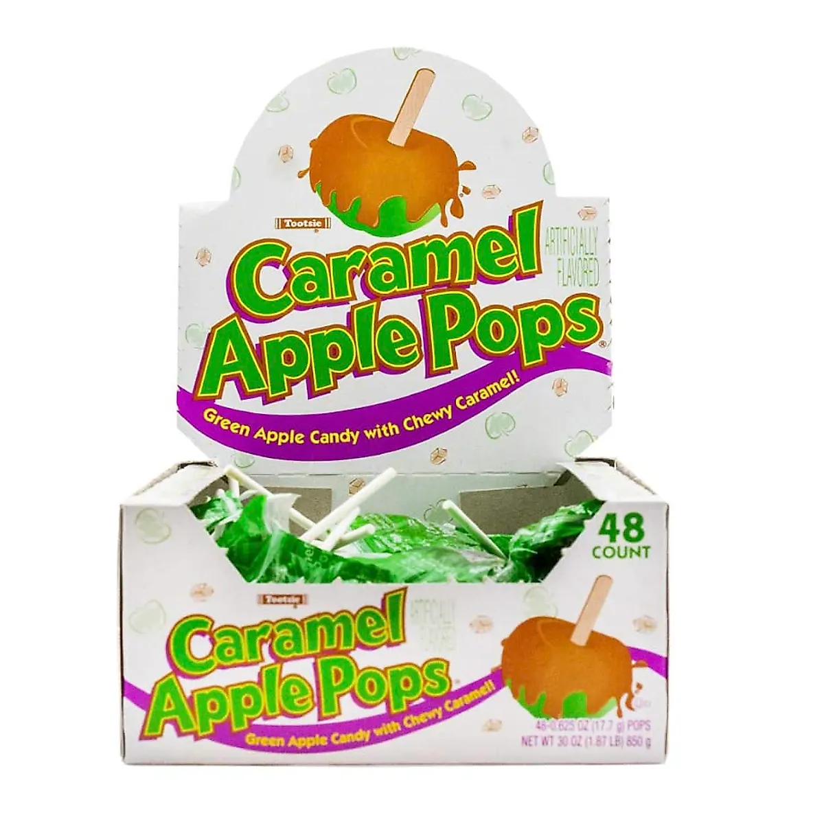 Tootsy-Roll Caramel Apple Pops - Caramel Covered Green Apple Candy Lollipops - Gluten Free Candy with Display Box Package with Couger Card Bundle - 48 Count