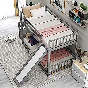 Merax Twin Over Twin Bunk Bed with Convertible Slide and Stairway, No Box Spring Needed, Grey