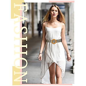 Geyoga 6 Pack Women Straw Belt Woven Elastic Stretch Waist Belt Skinny Braided Waist Belt Boho Rattan Belts with Wood Buckle Belts for Women Dress Belt, 2 Sizes