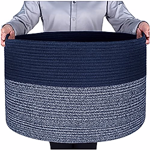 MINTWOOD Design Extra Large 22 x 14 Inches Blanket Storage Basket, Laundry Basket, Decorative Woven Cotton Rope Baskets for Blanket Storage Living Room, Toy Storage Basket Bin, Navy Blue