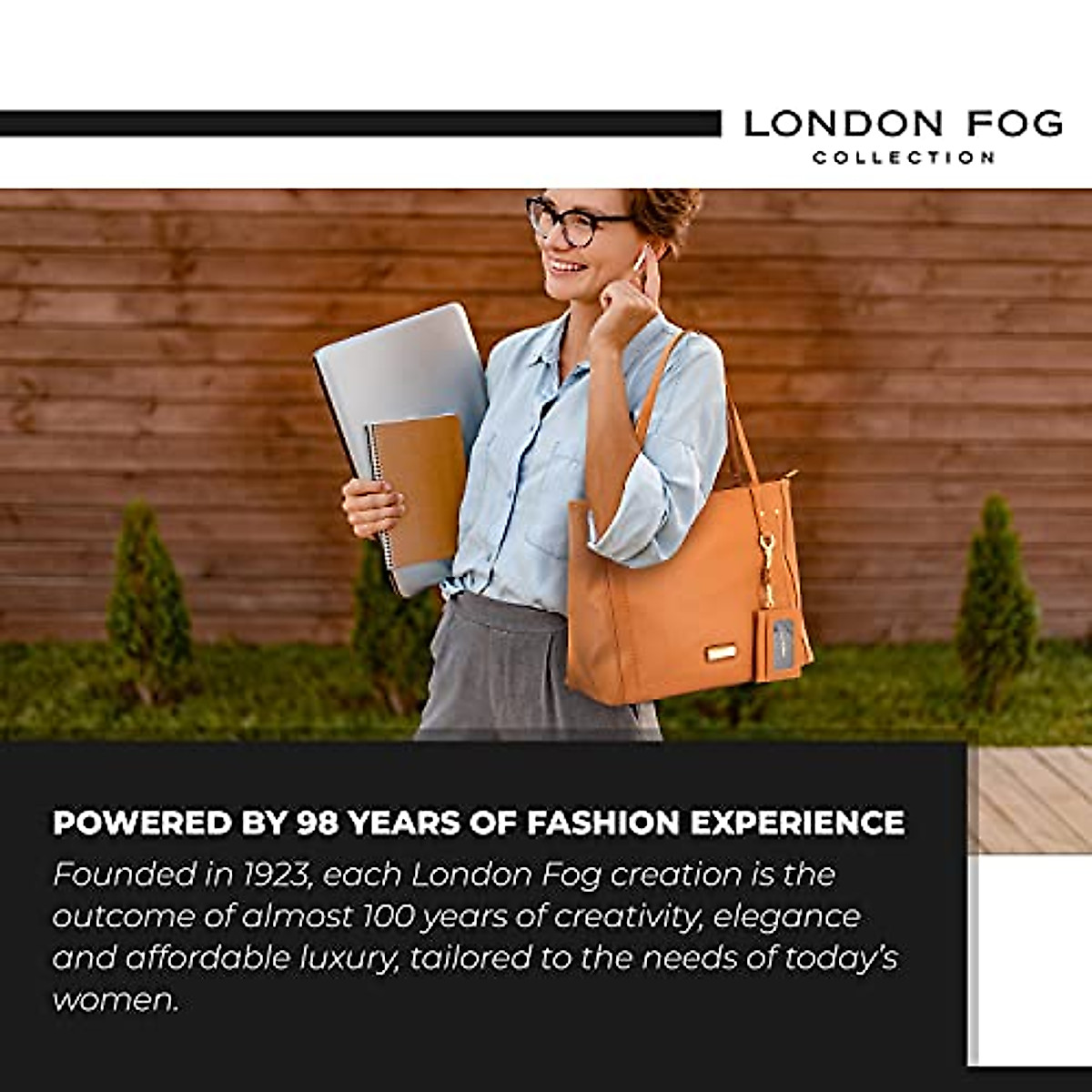 LONDON FOG QUENDI Tote Bag for Women, Vegan Leather Shoulder Bag with ID Wallet - Cognac