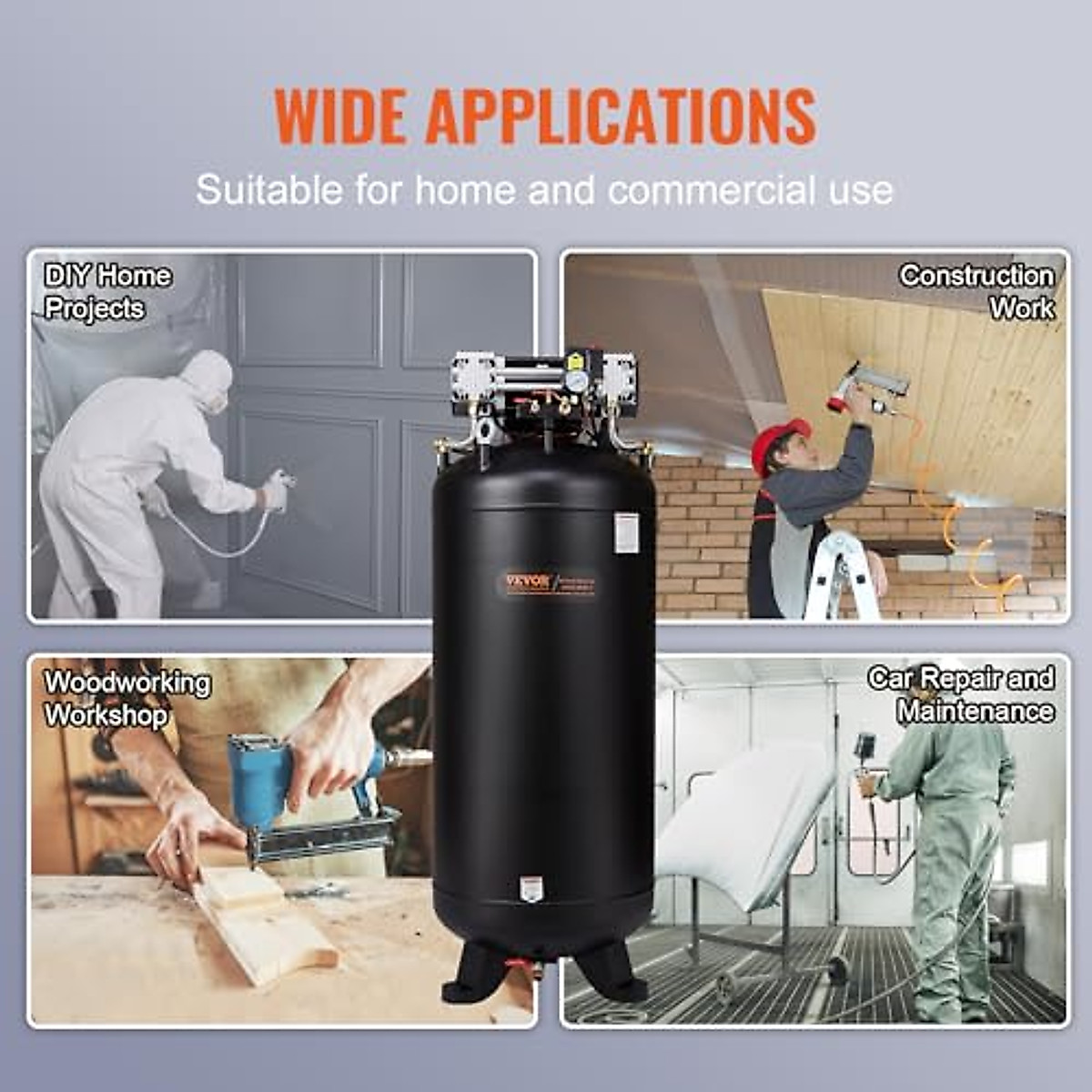 VEVOR 80 Gallon Air Compressor, 6.5HP 15.5SCFM@90 PSI, 2-Stage 145PSI Oil Free Stationary Compressor Tank, 86dB Quiet Compressor for Industrial Manufacturing, Workshops (220V/60Hz Single-Phase Power)