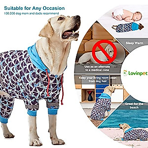 LovinPet Large Pitbull Dogs Onesies - Wound Care/Post Surgery Dog Clothes,Anxiety Relief Shirt for Dogs, Large Breed Dog Jammies, Lightweight Stretchy,Reflective Stripe,Brown Shark Print, Pet PJ's/XL