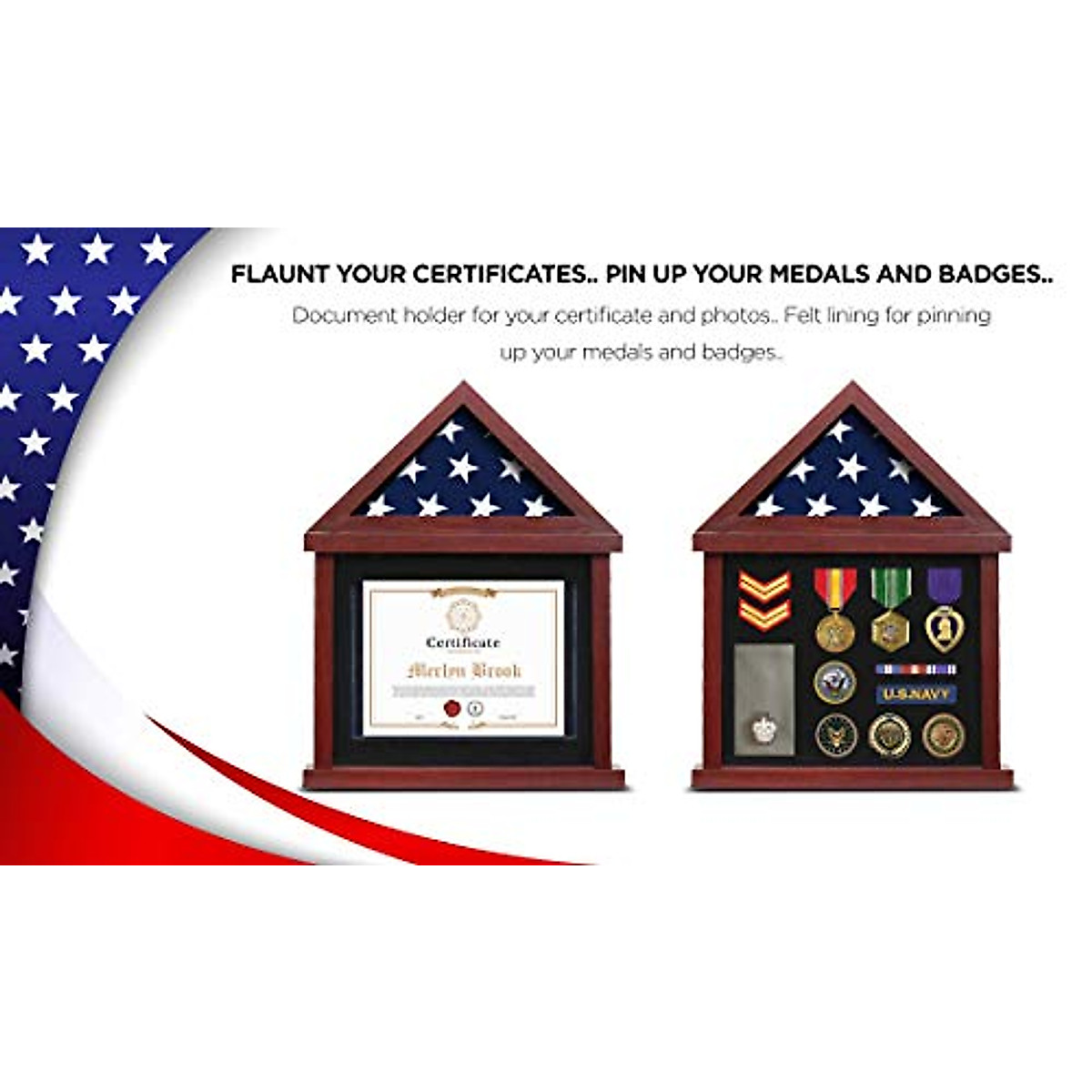 flybold Small Flag Case for American Veteran Burial Flag - Solid Wood Military Shadow Box with Wall Mount fits a 3 x 5 ft Folded Flag Display Case Set with Certificate Holder - Mahogany Frame