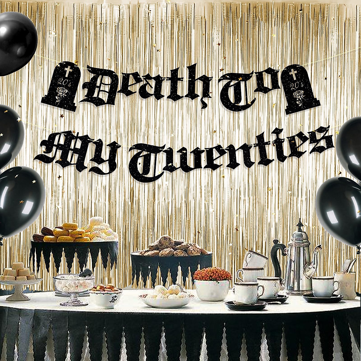 Ushinemi Pre-Strung Goth Death to My 20s Decorations, NO DIY Glitter 30th Birthday Party Banner, Funeral for My Youth Rip Twenties Party Decor