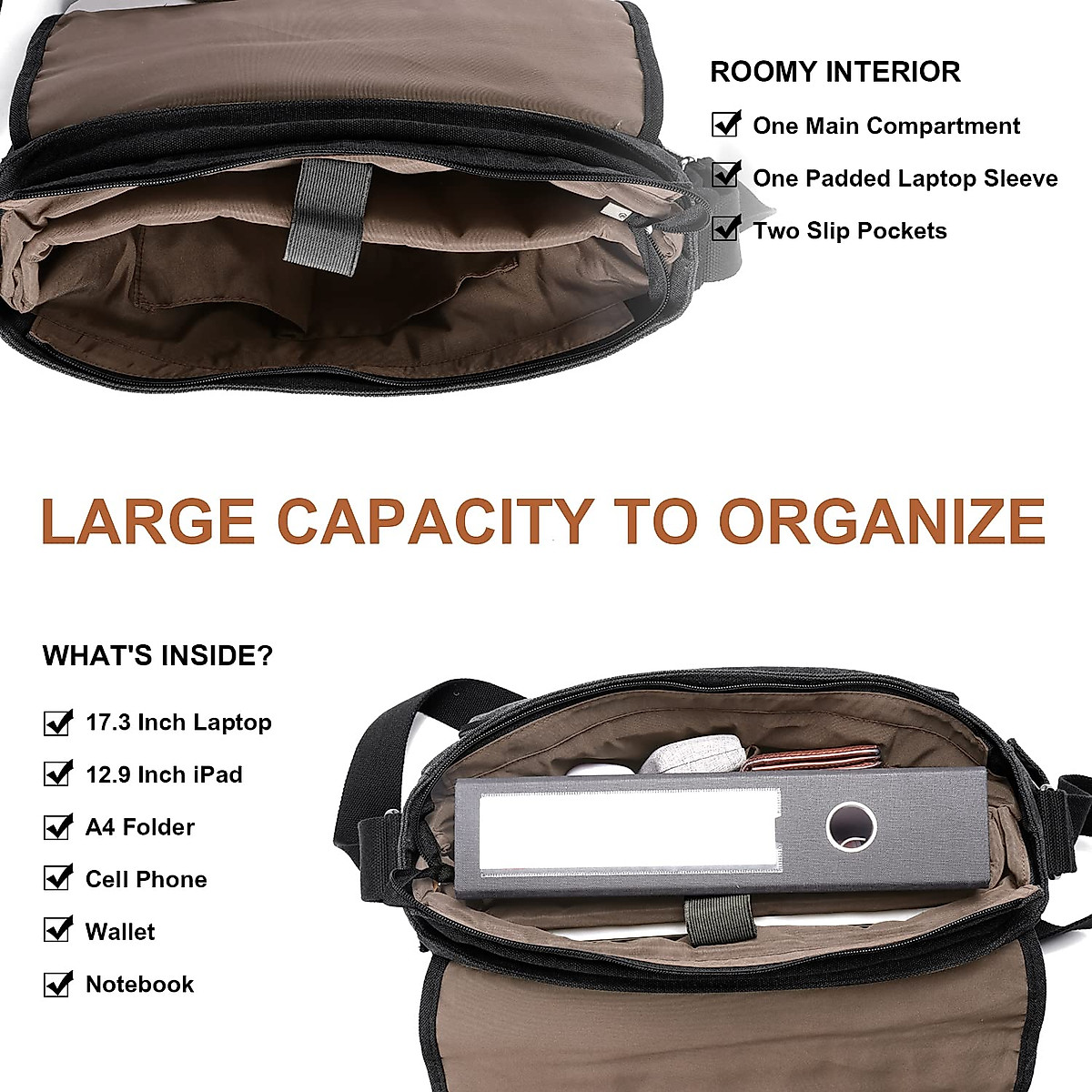 ESTARER Messenger Bag 17-17.3 Inch, Men's Computer Bag Water-resistant Canvas, Teacher Laptop Satchel for Work Office College, Dark Grey