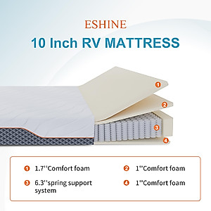 ESHINE Short King RV Mattress - 10" Hybrid RV Mattress, Shock-Absorbing and Pressure-Relieving, for RVs, Campers & Trailers