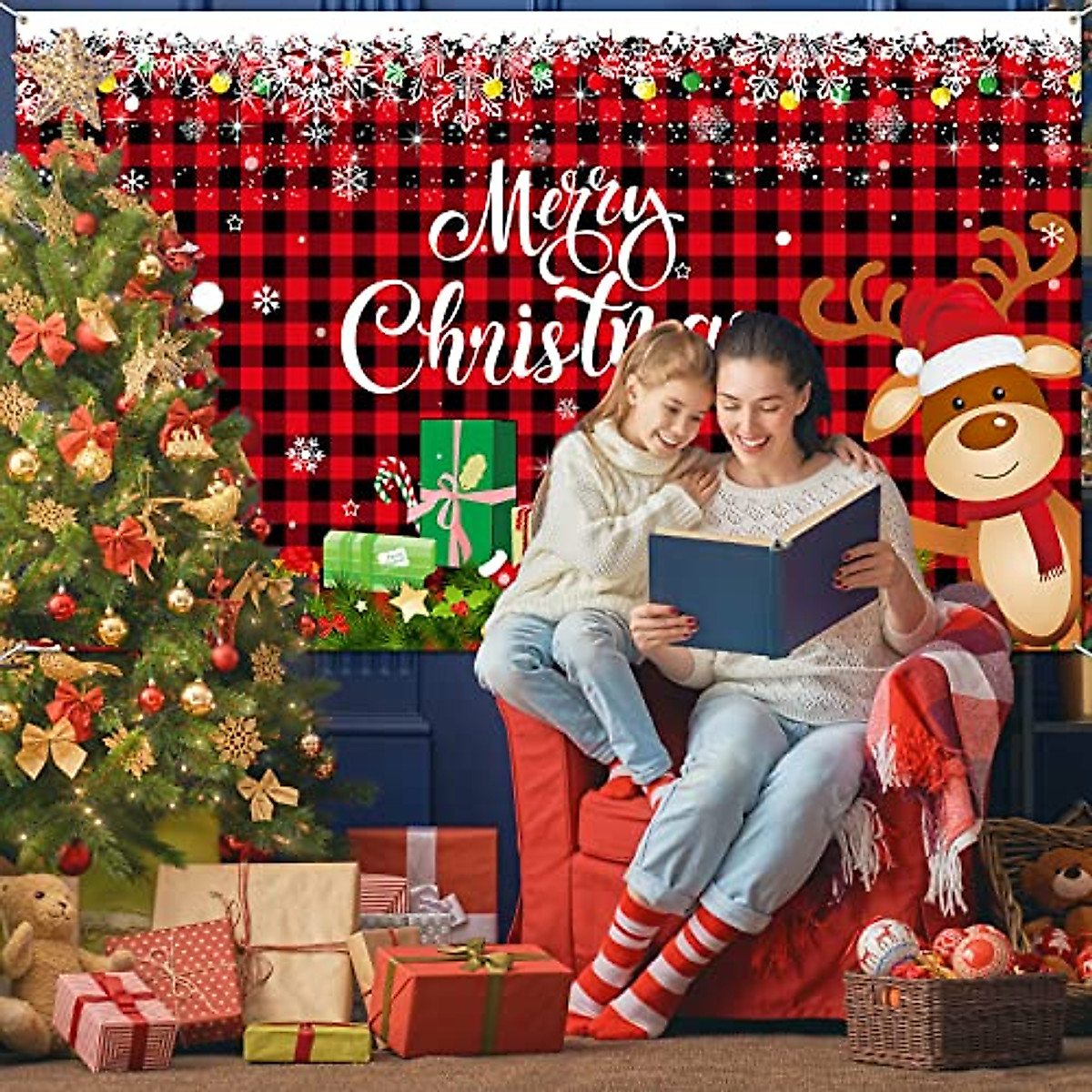 Christmas Backdrop Banner Santa Claus Reindeer Party Background Decoration for Xmas Holiday Photo Booth Photography Props Wall Hanging Decor, 72.8 X 43.3 Inch (Black-red,Plaid Pattern)