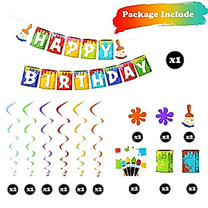 Shappy 25 Pieces Art Painting Party Decorations Includes 1 Happy Birthday Art Banner 12 Painting Birthday Card and 12 Art Hanging Swirl for Art Painting Theme Birthday Party Supplies Baby Shower