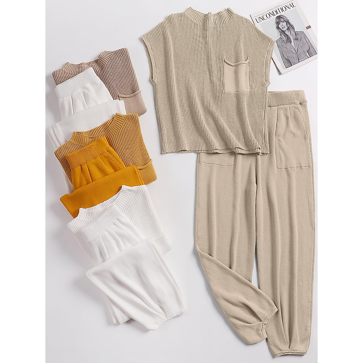 ANRABESS Women's Two Piece Outfits Knit Sweater Vest Crop Top Pants Lounge Matching Tracksuit Sweatsuit Travel Clothes Sets Khaki Small