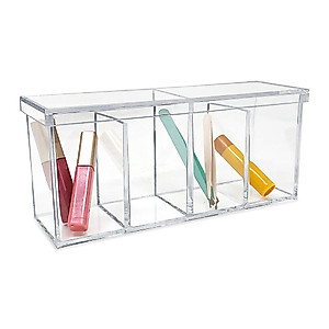 Isaac Jacobs 4-Compartment Clear Acrylic Organizer with Lid (9” L x 3” W x 4” H), Makeup Brush Holder, Sectional Tray, Storage Solution for Makeup, Crafts, Office Supplies & More (1, Clear)