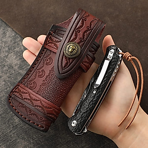 Omesio Pocket Knife Sheath Big (L), 5.28" (for <13.41cm Knife) Leather Knife Sheaths for Belt, Horizontal Knife Sheath for Belt Sideways, Brown Leather Sheath for Folding Knife